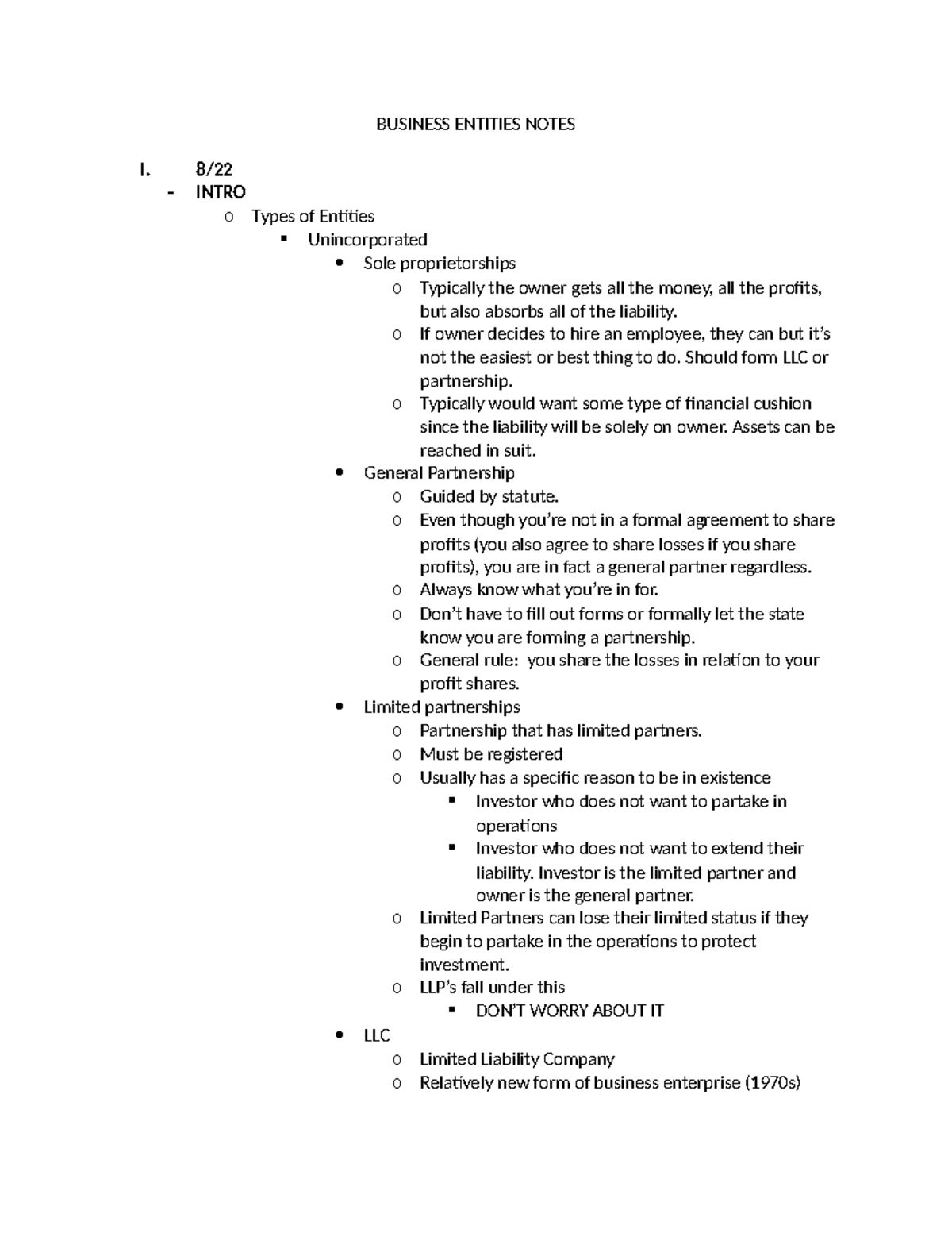 Business Entities Notes - BUSINESS ENTITIES NOTES I. 8/ - INTRO o Types ...