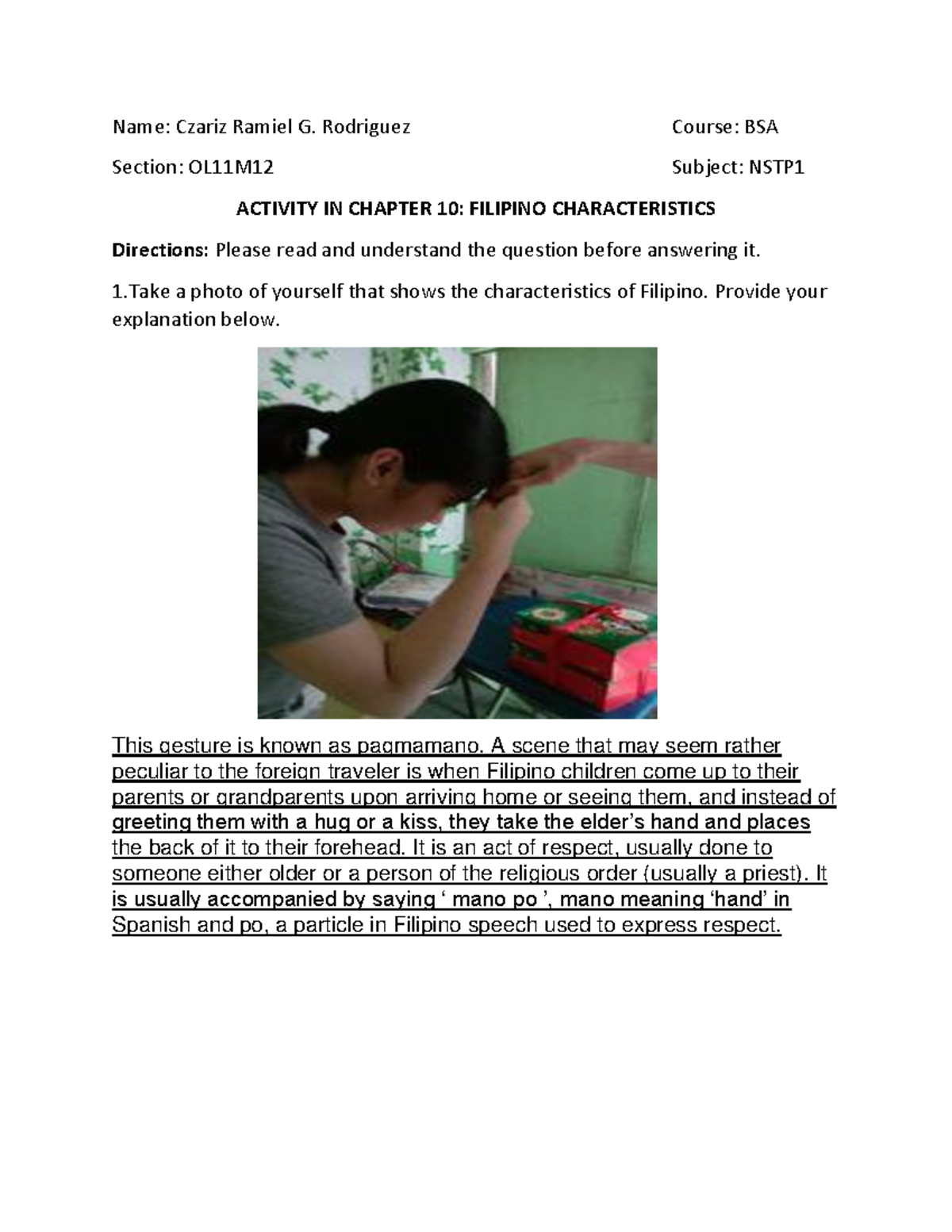 Activity Chapter 10 Rodriguez, Czariz Ramiel G - Name: Czariz Ramiel G. Rodriguez Course: BSA ...