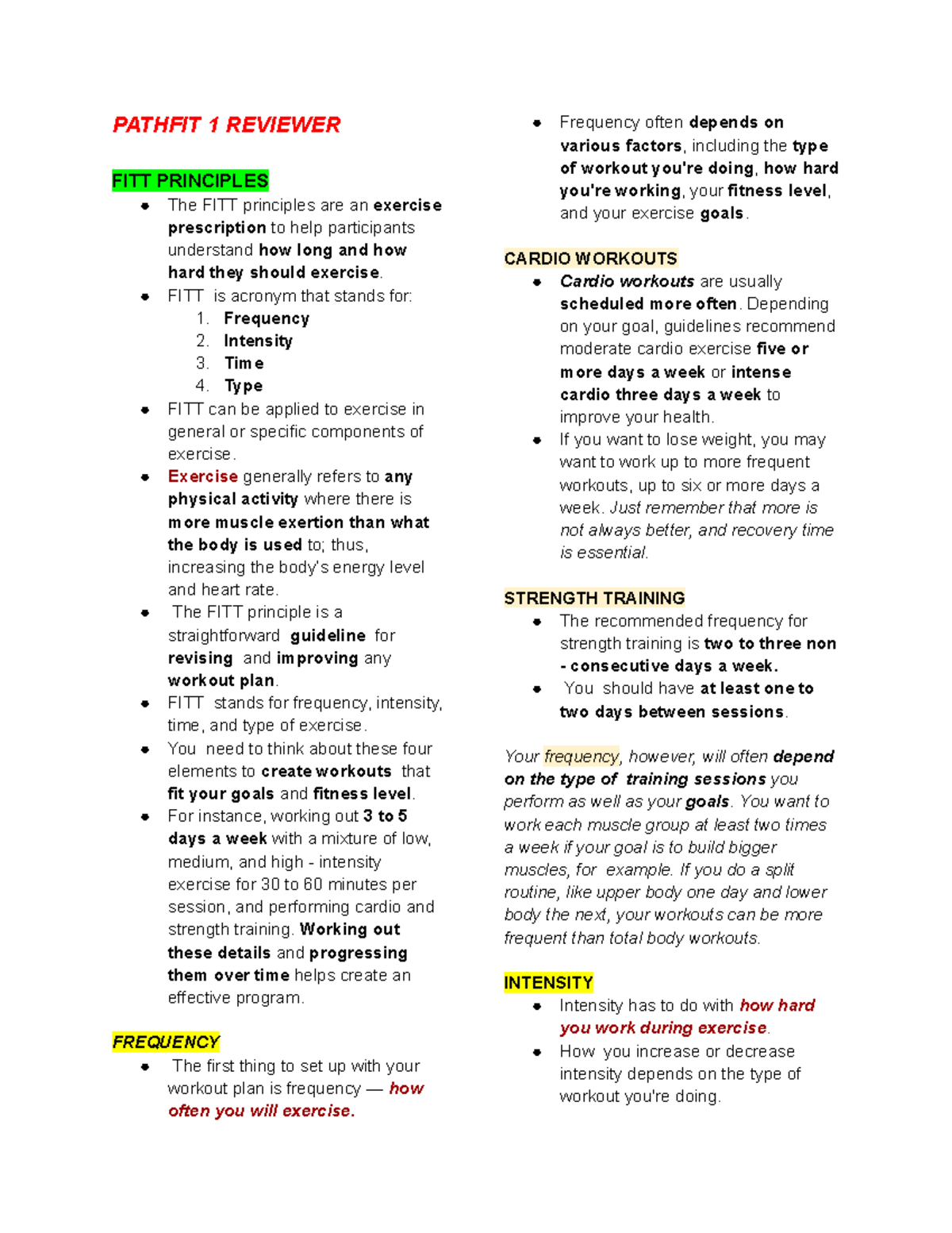 Pathfit- Reviewer - PATHFIT 1 REVIEWER FITT PRINCIPLES The FITT ...