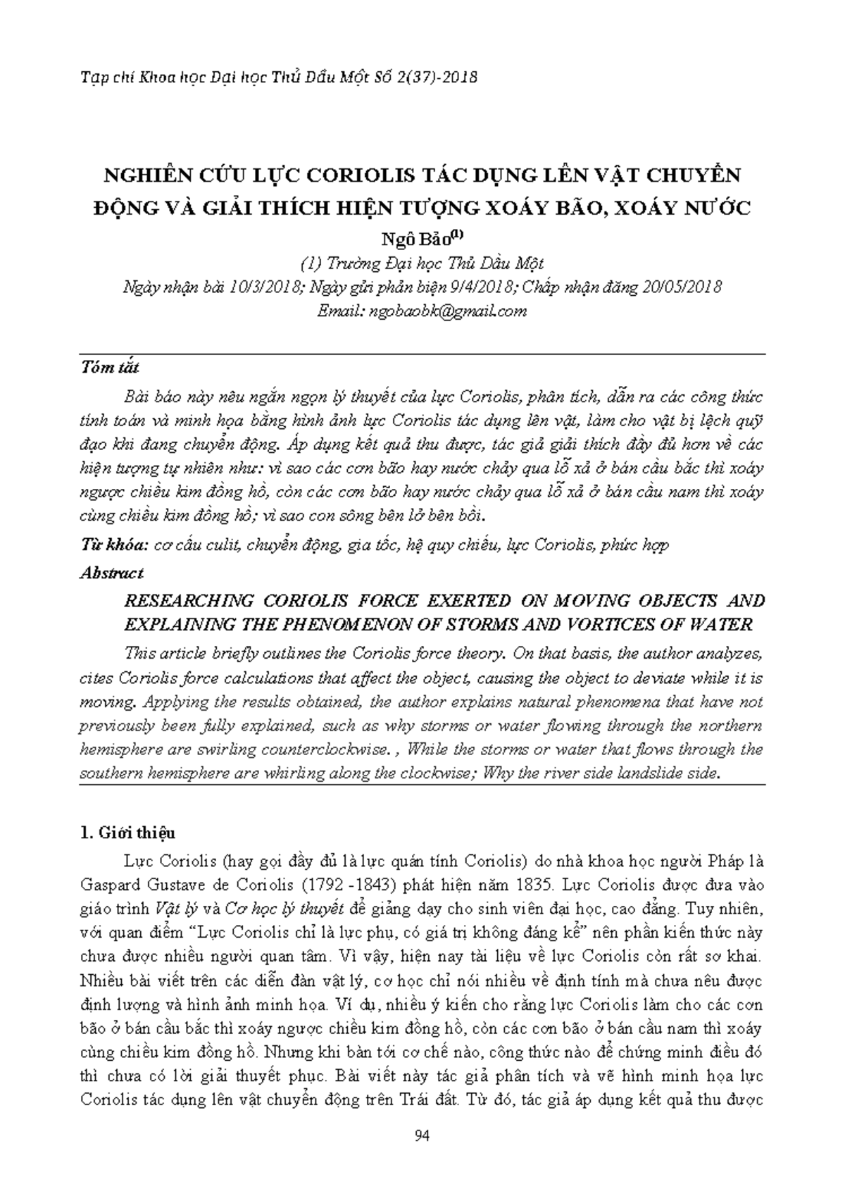 Nghiên CỨU LỰC Coriolis TÁC DỤNG LÊN VẬT CHUYỂN ĐỘNG - T p chí Khoa h c Đ i h c Thạ ọ ạ ọ ủ D ầu ...