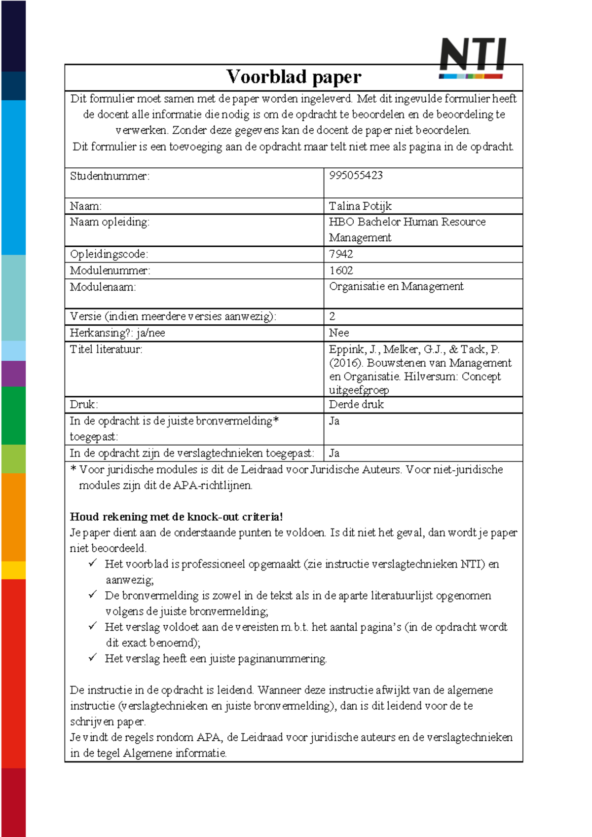 Paper Organisatie en Management - Voorblad paper Dit formulier moet ...