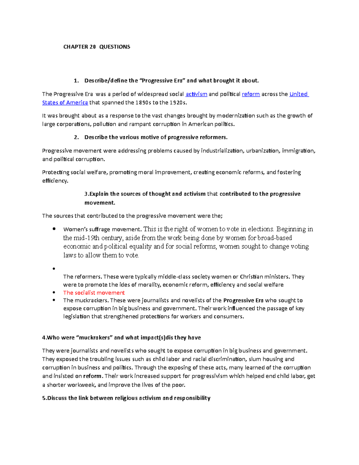 History asssignment ans - CHAPTER 20 QUESTIONS Describe/define the ...