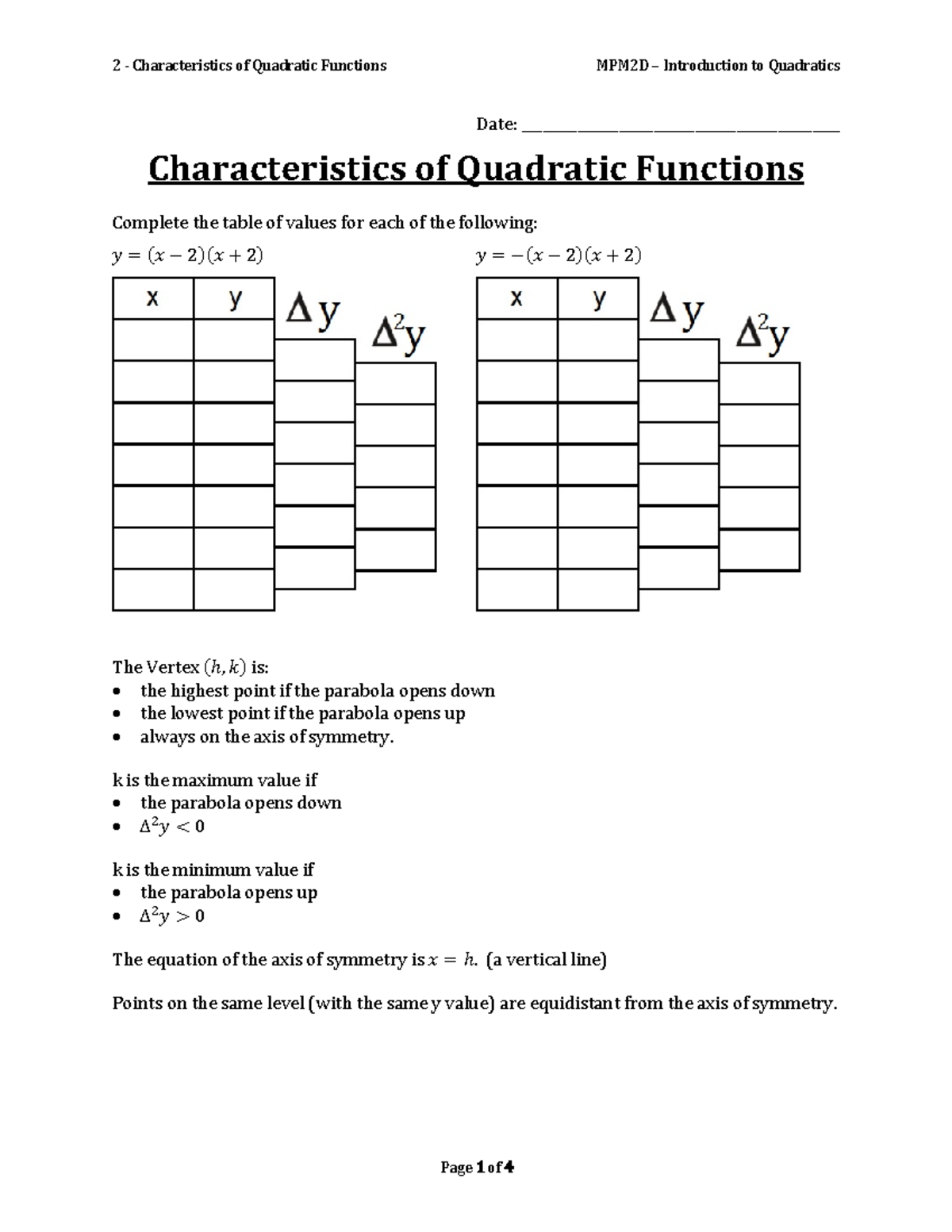 02 - Characteristics of Quadratic Functions - Date