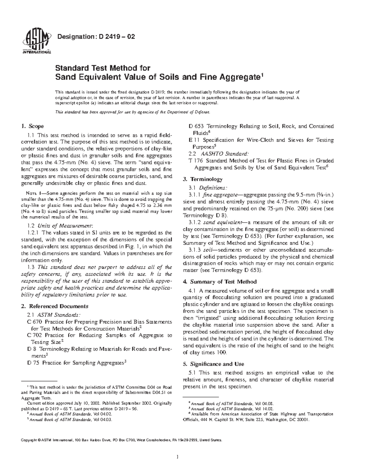 ASTM-D2419-02-SE Sand Equivalent Value - Designation: D 2419 – 02 ...
