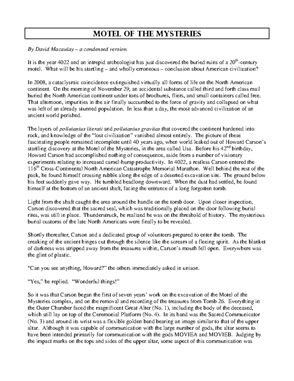 Motel of Mysteries Condensed Macaulay - Motel of the Mysteries By David ...