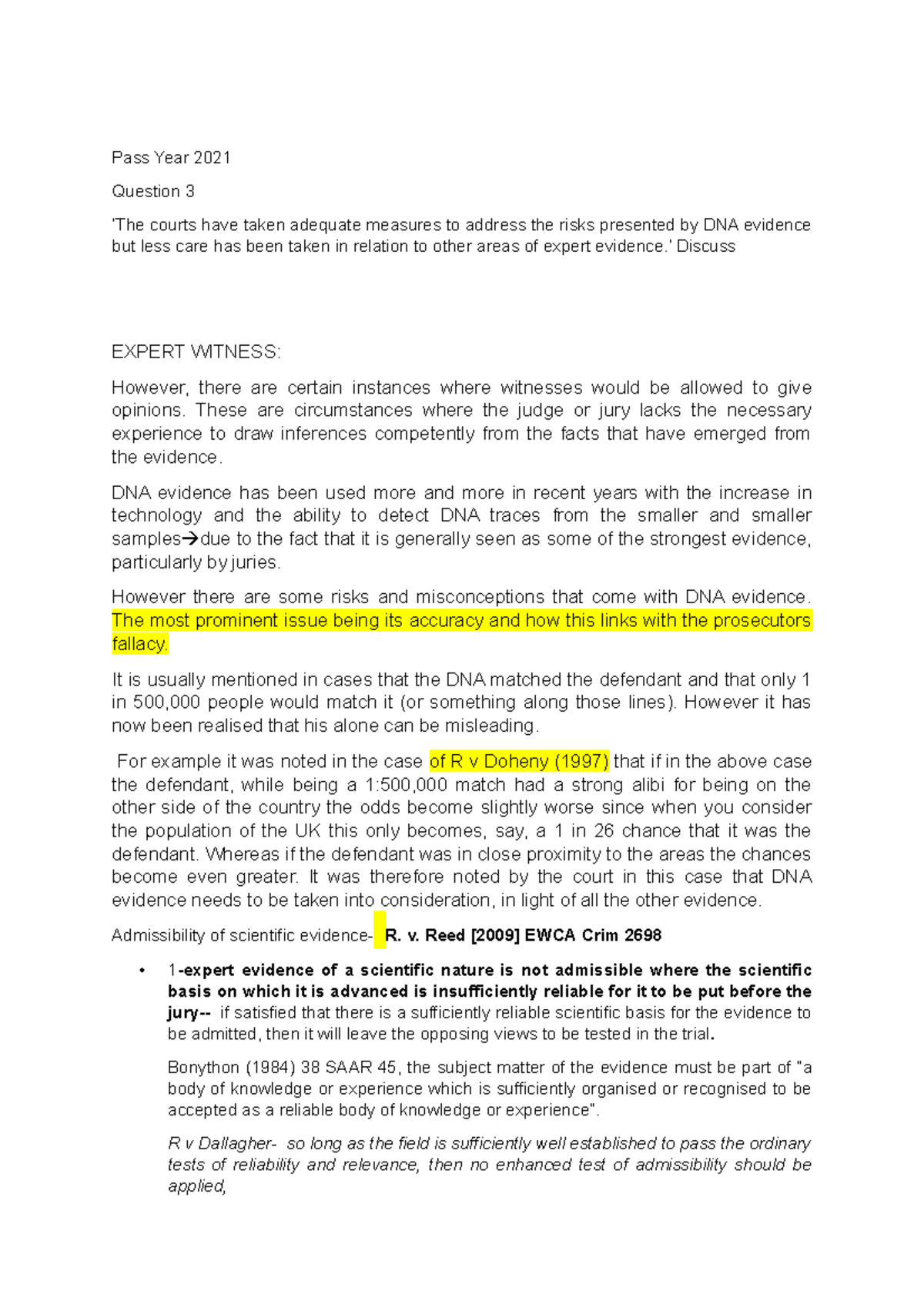 Evidence expert evidence answer guide - Pass Year 2021 Question 3 ‘The ...