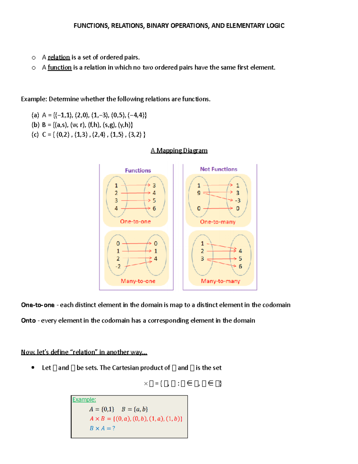 NT. Functions, Relations - FUNCTIONS, RELATIONS, BINARY OPERATIONS, AND ELEMENTARY LOGIC o A ...