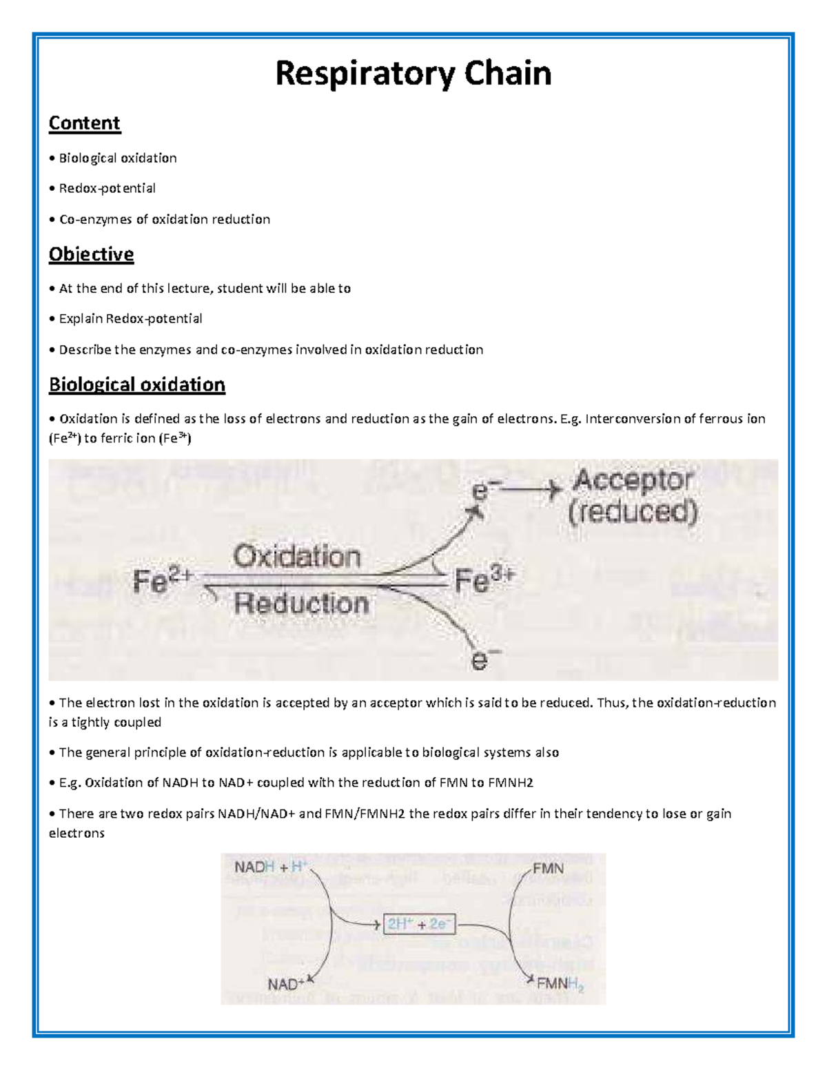 Redox-potential, enzymes and co-enzymes involved in oxidation reduction ...