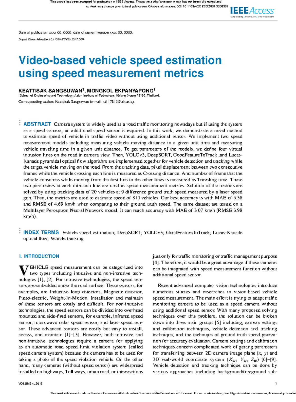 Video-based vehicle speed estimation using speed m - Date of publication xxxx 00, 0000, date of ...