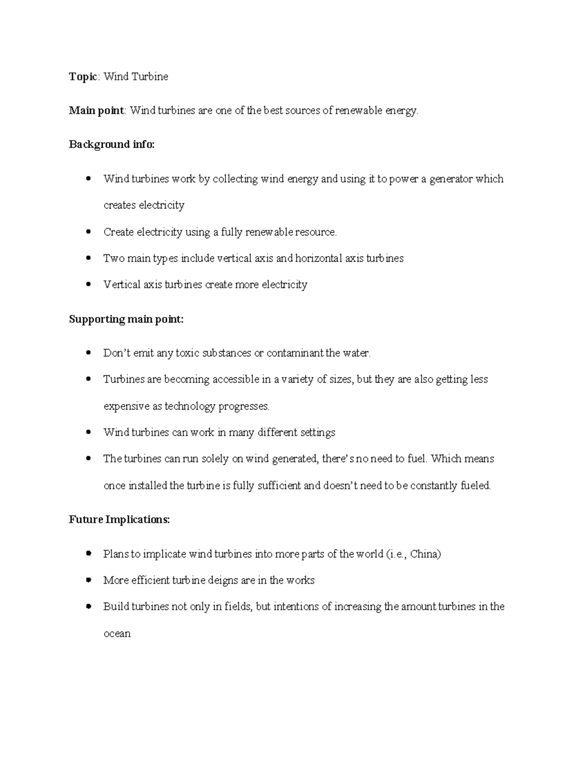 Wind Turbine Draft 1 - tutorial - Topic: Wind Turbine Main point: Wind ...