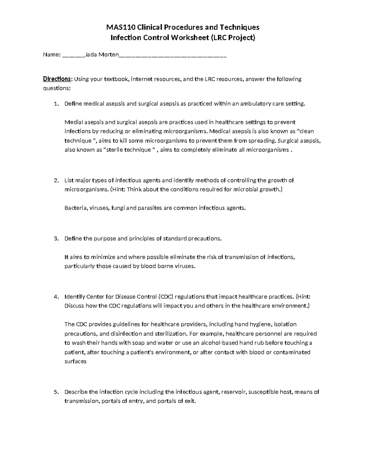 MAS110 Infection Control Worksheet - MAS110 Clinical Procedures and ...