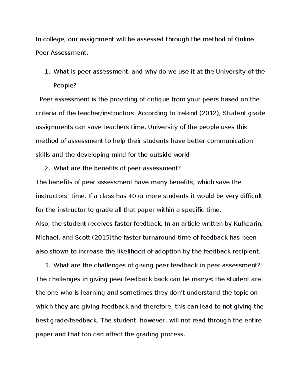 College assessment paper 1 - In college, our assignment will be ...