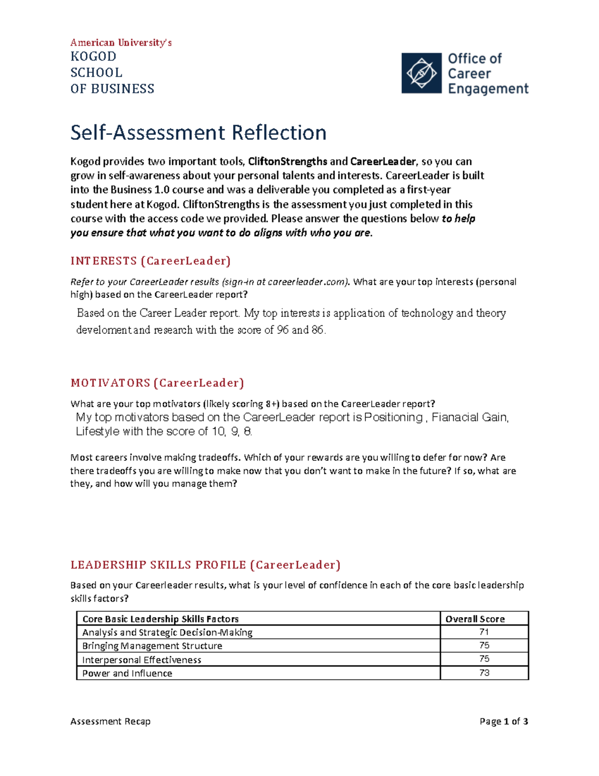 Career Leader Strengths Self-Assessment Reflection Worksheet-1 ...