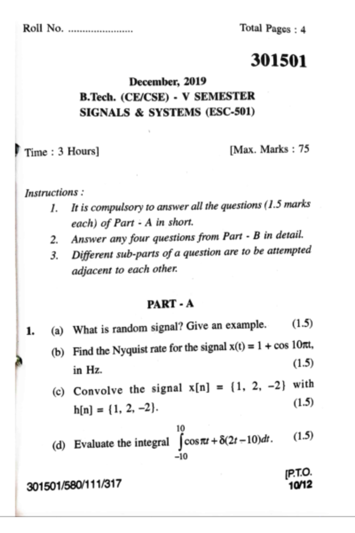 Sns pyq - Pyqs - Roll No. Total Pages : 4 301501 December, 2019 B. V SEMESTER SIGNALS SYSTEMS ...