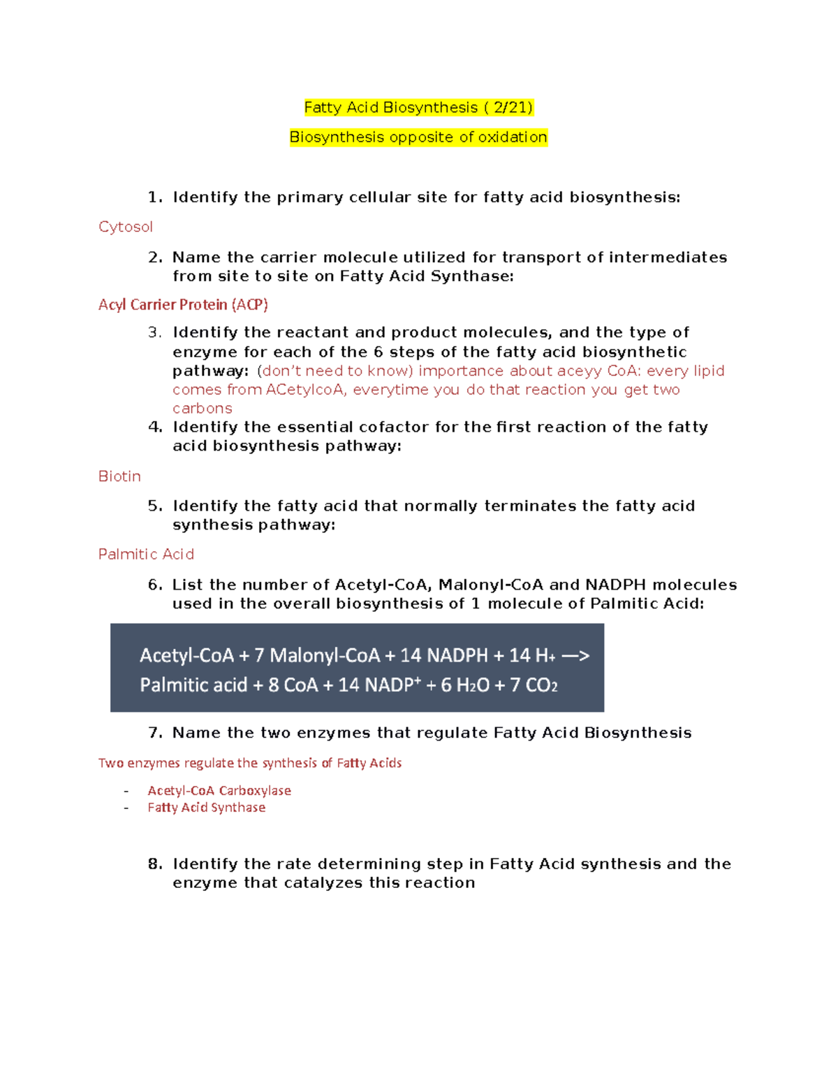 02 Fatty Acid Biosynthesis - Studocu