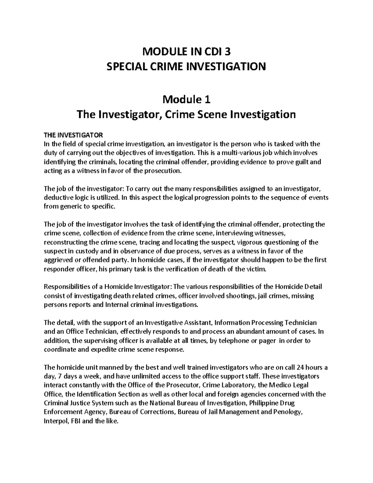 CDI 3 Modules converted - MODULE IN CDI 3 SPECIAL CRIME INVESTIGATION Module 1 The Investigator ...