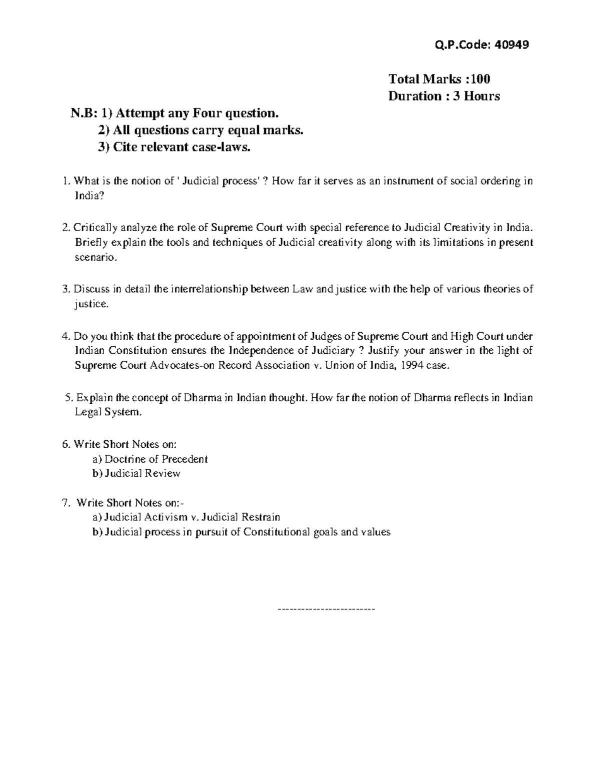 Kes-Judicial Process - no - Q.P: 40949 Total Marks : Duration : 3 Hours ...