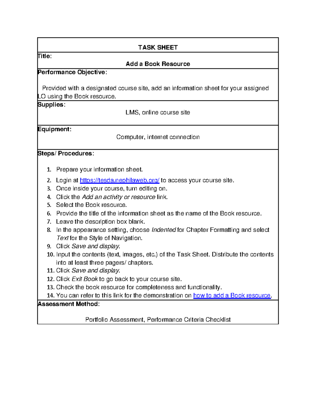 TASK Sheet - Book - templates - TASK SHEET Title: Add a Book Resource ...