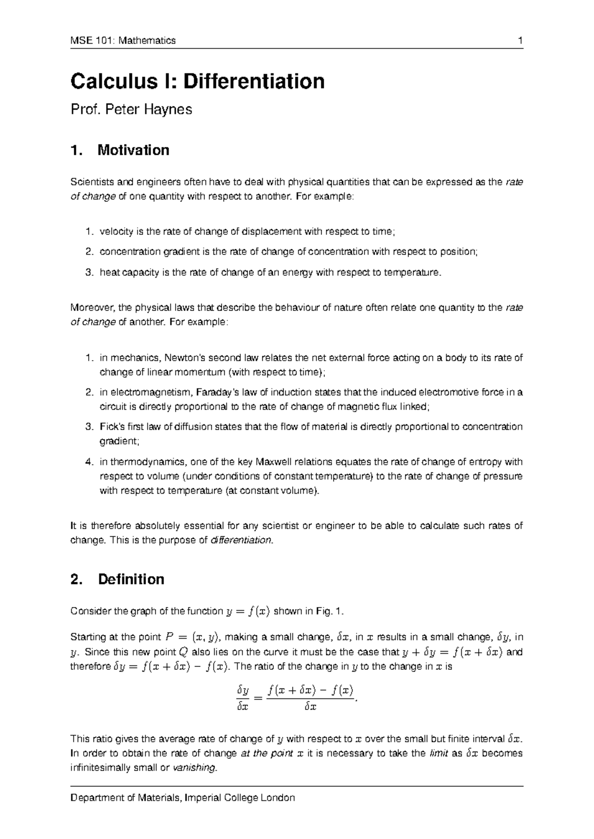Notes 1 - MSE 101: Mathematics 1 Calculus I: Differentiation Prof ...