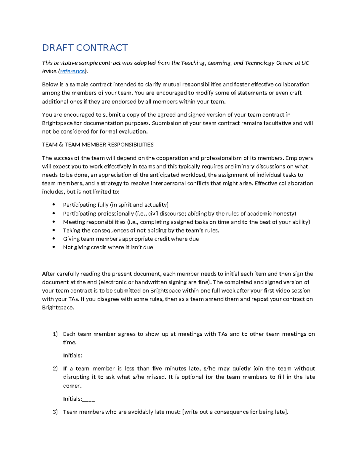 Team Contract Template 2023 - DRAFT CONTRACT This tentative sample ...