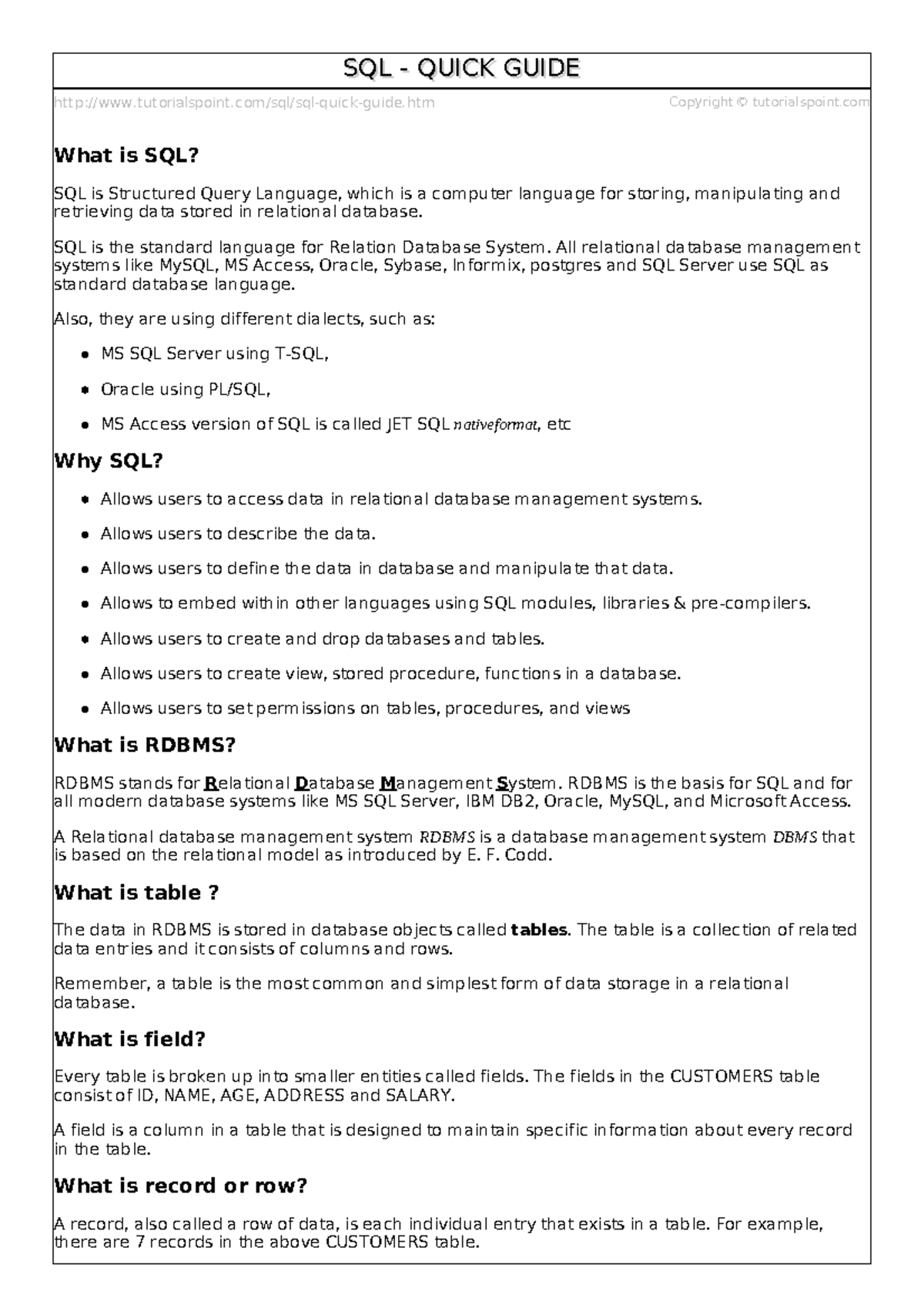 Sql Quick Guide This Is Basics Of Sql Tutorialspointsqlsql Quick Guidehtm Copyright