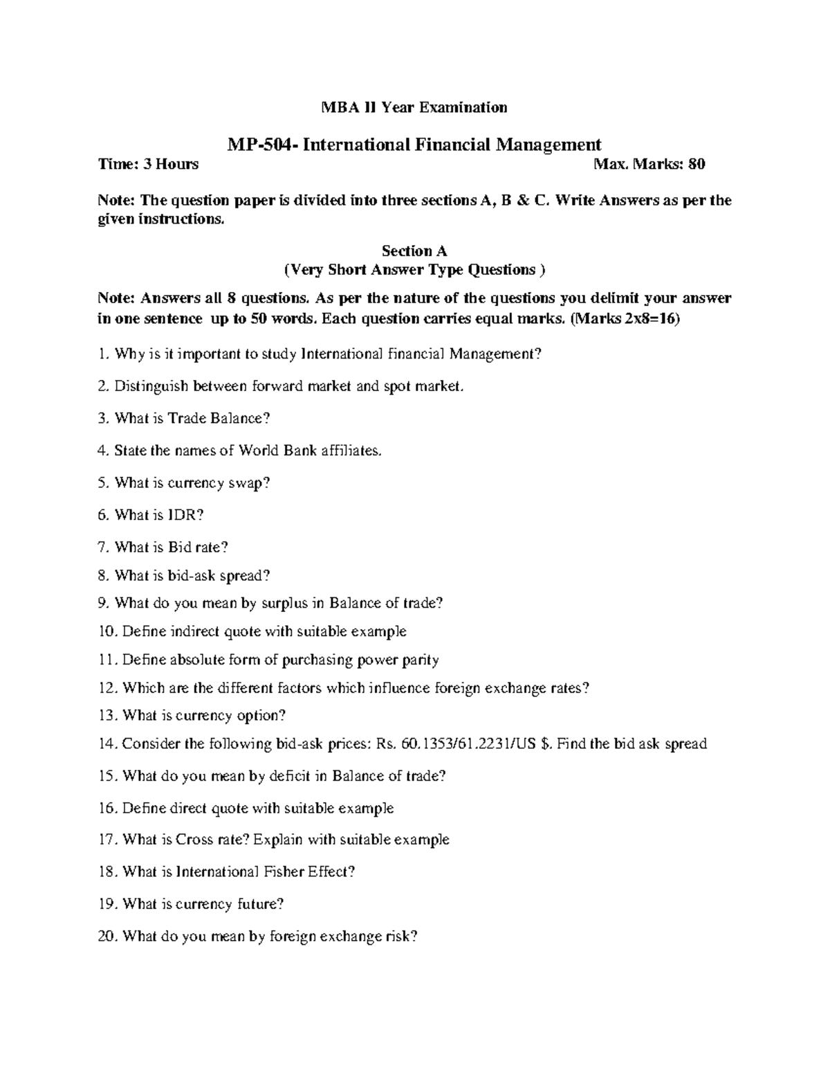 MP-504 583 - MBA II Year Examination MP- 504 - International Financial Management Time: 3 Hours ...