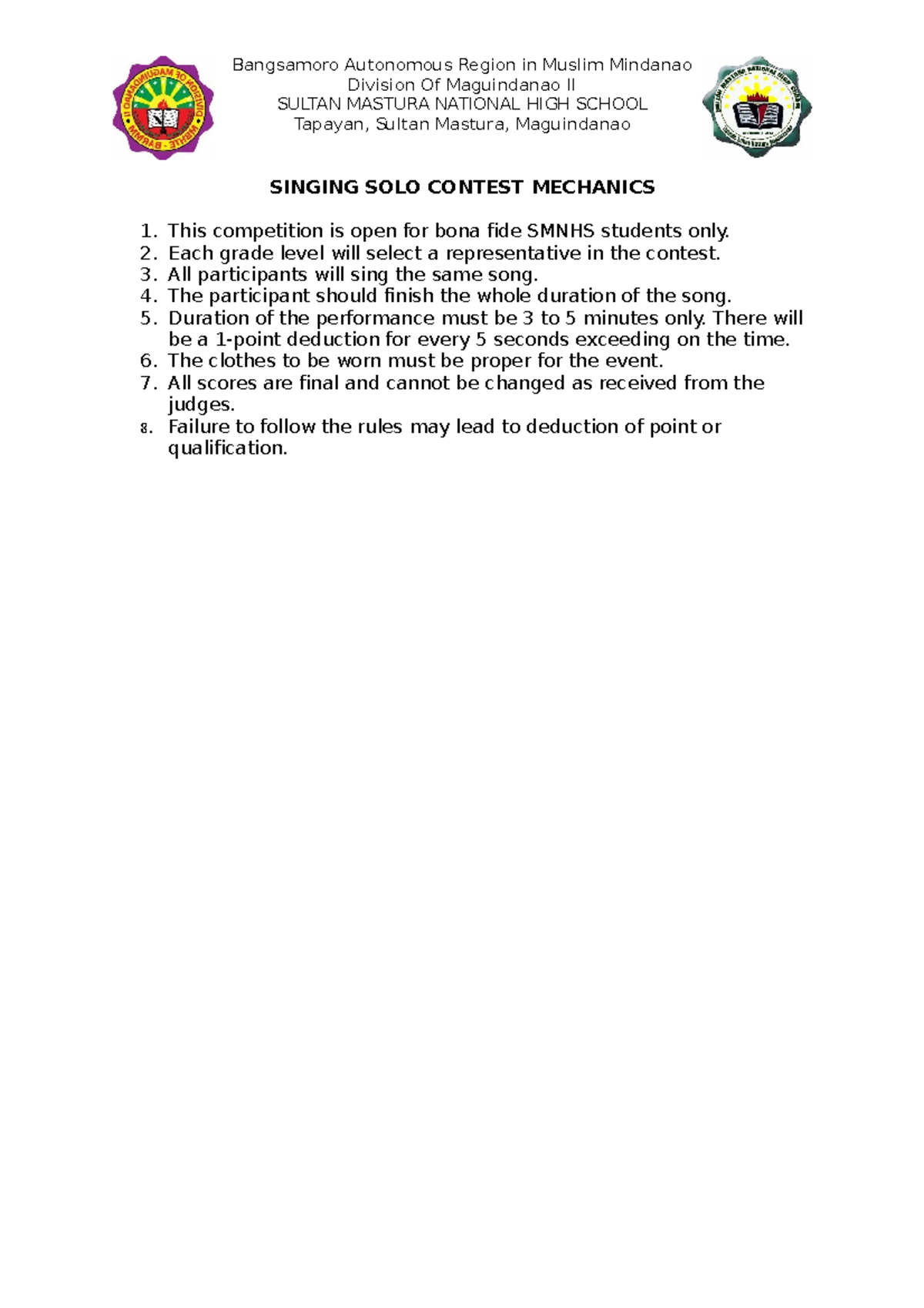 Singing solo rules and regulation - Bangsamoro Autonomous Region in ...