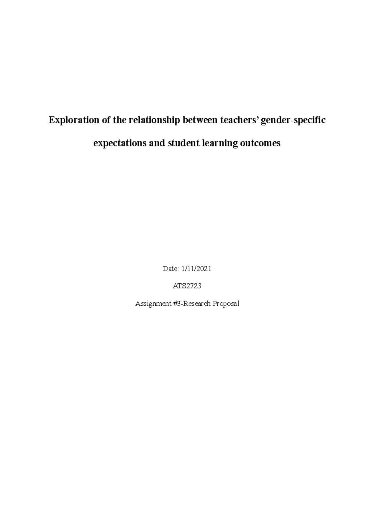 ATS2723 Research Proposal - Exploration of the relationship between teachers’ gender-specific ...