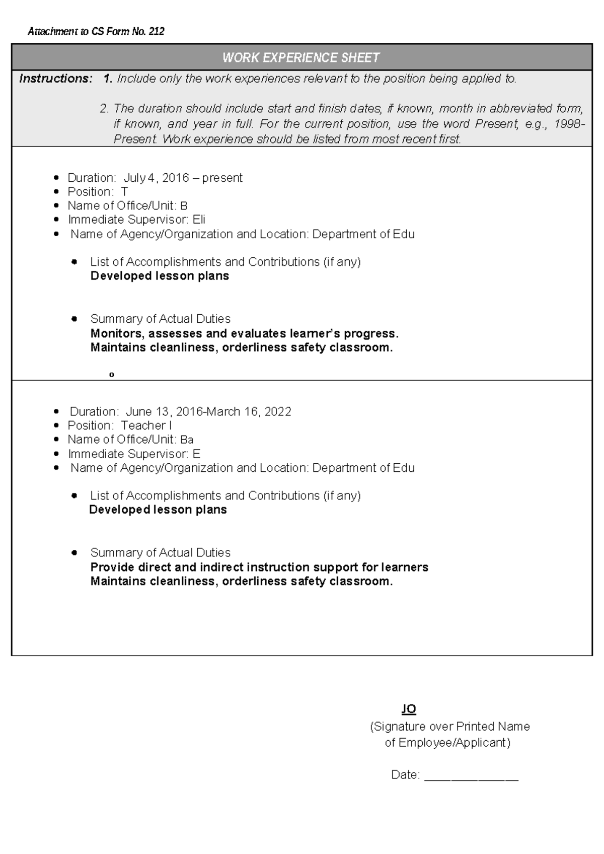 CS Form No. 212 Attachment Work Experience Sheet - JO (Signature over ...