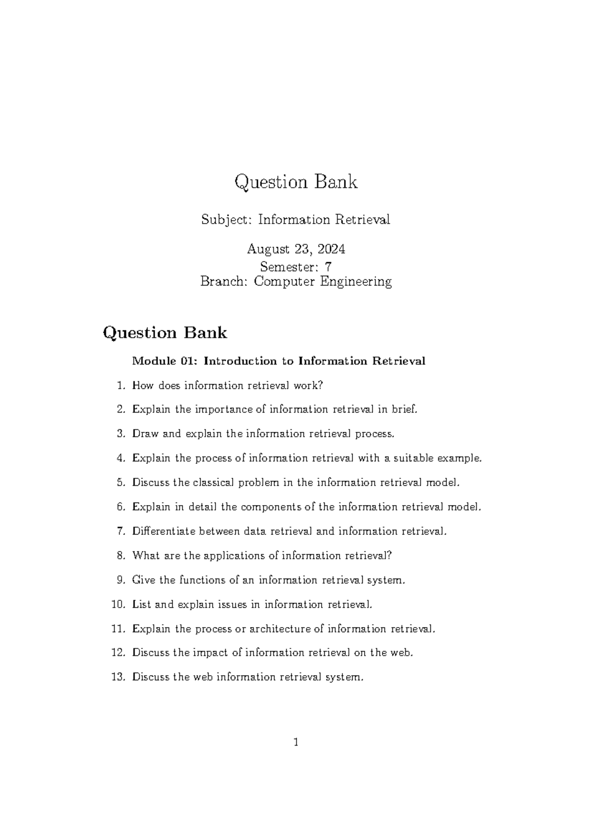 Qb1 - IR important question - Question Bank Subject: Information ...