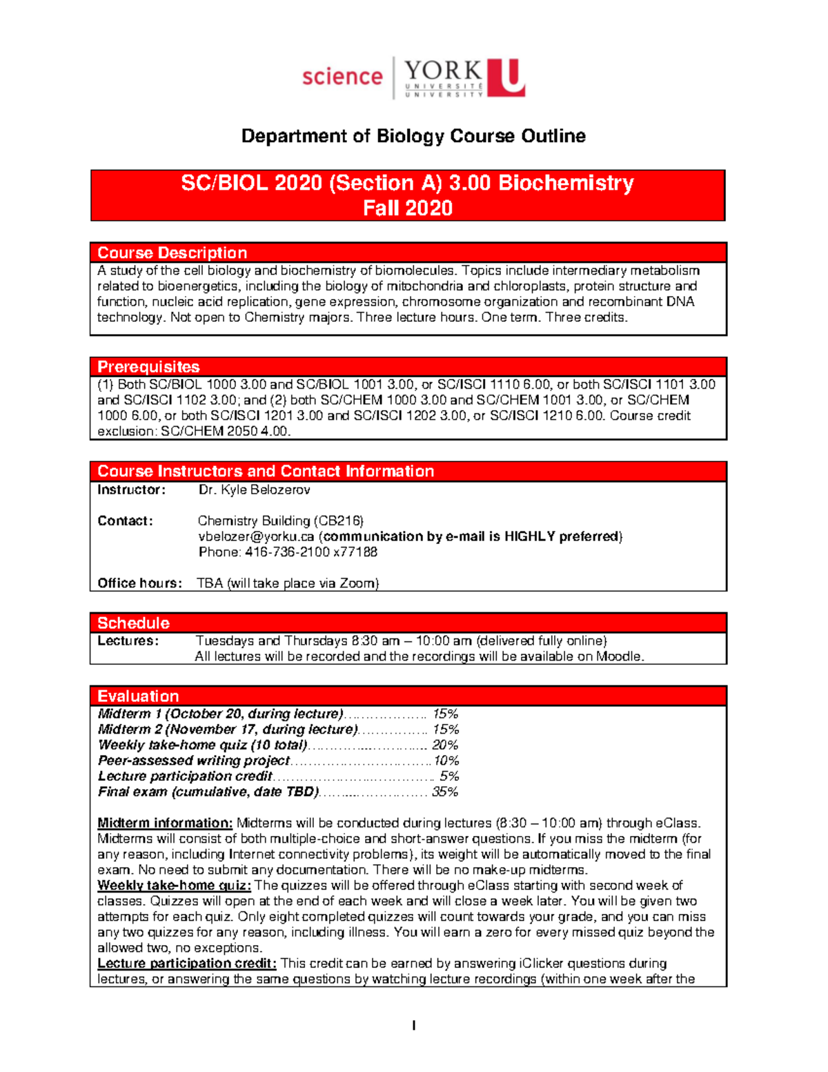 BIOL 2020 - Fall20 - Syllabus - Department of Biology Course Outline SC ...