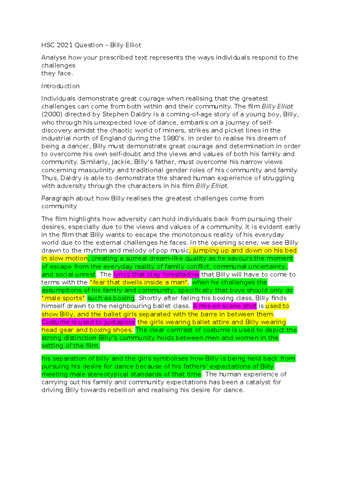 Common Module Essay Redone Final - HSC 2021 Question – Billy Elliot ...