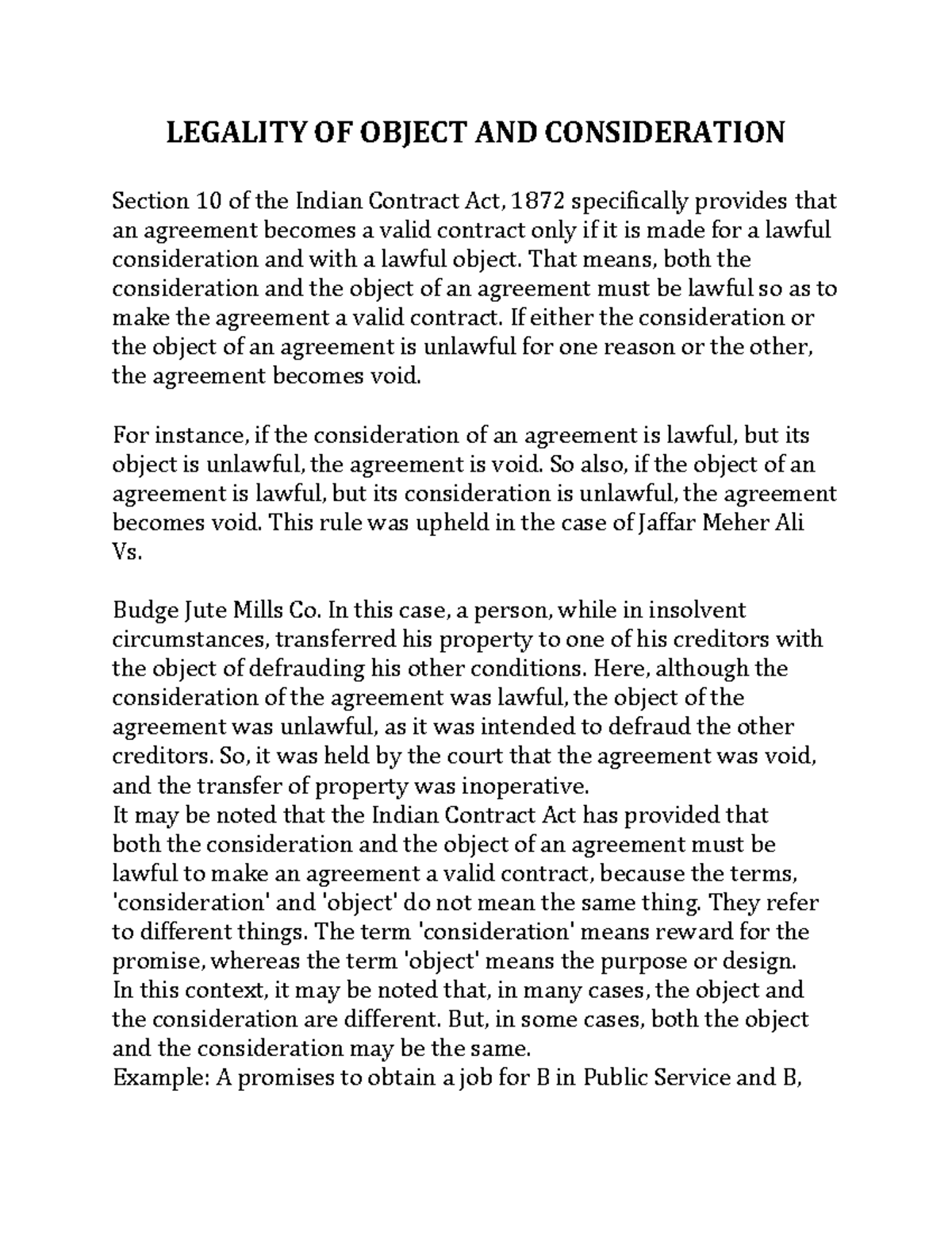 Legality OF Object AND Consideration - Business law - MG University ...