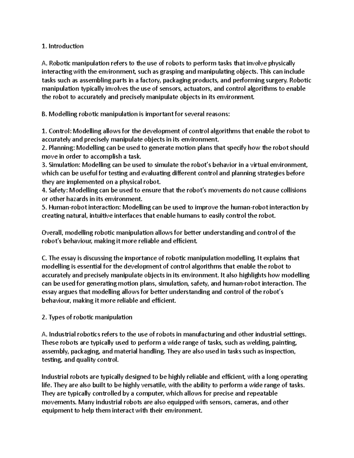 Robotic Manipulation Modelling Introduction A Robotic Manipulation