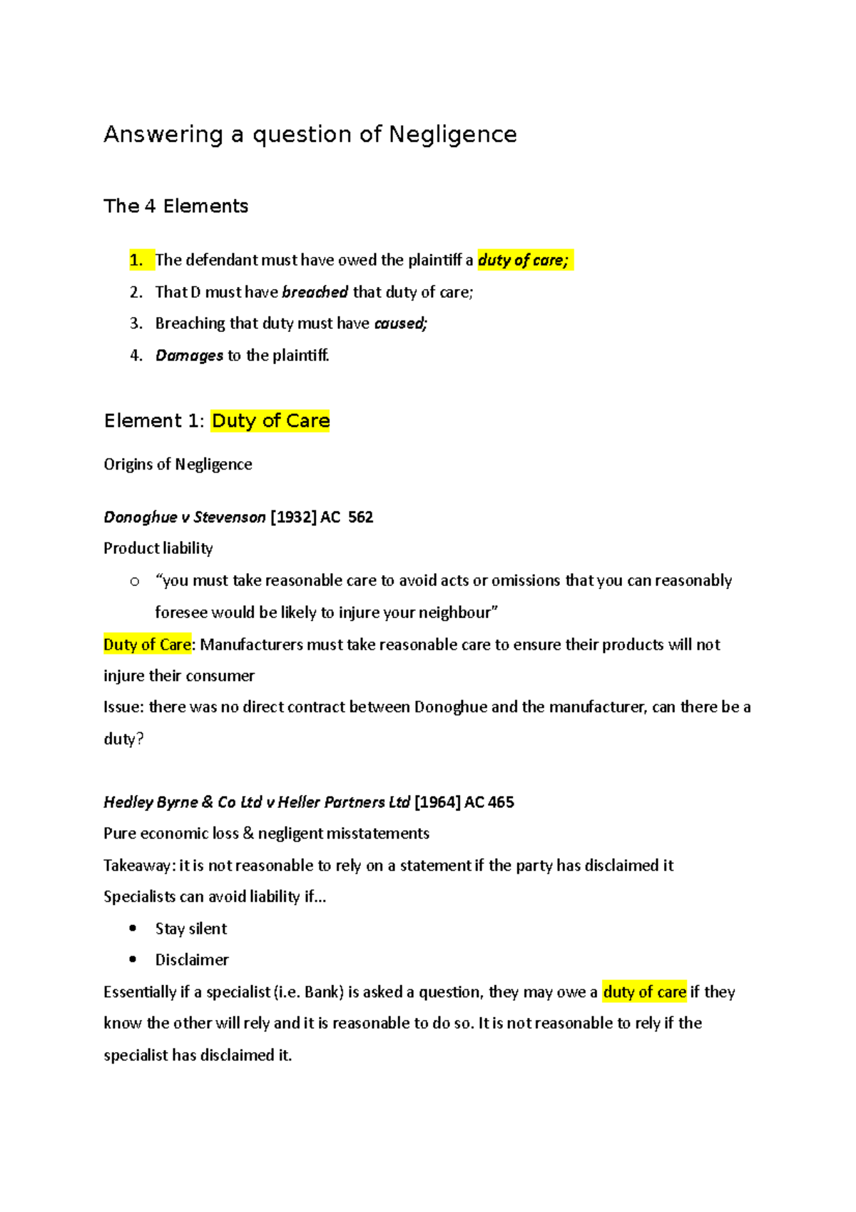 Answering a question of Negligence - Element 1: Duty of Care Origins of ...