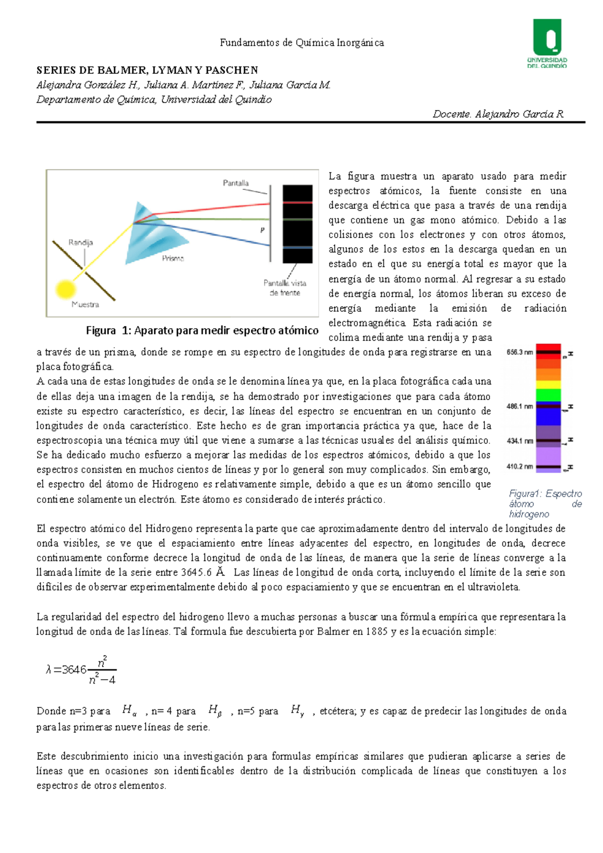 Inorganica Balmer Lyman Y Paschen - SERIES DE BALMER, LYMAN Y PASCHEN ...
