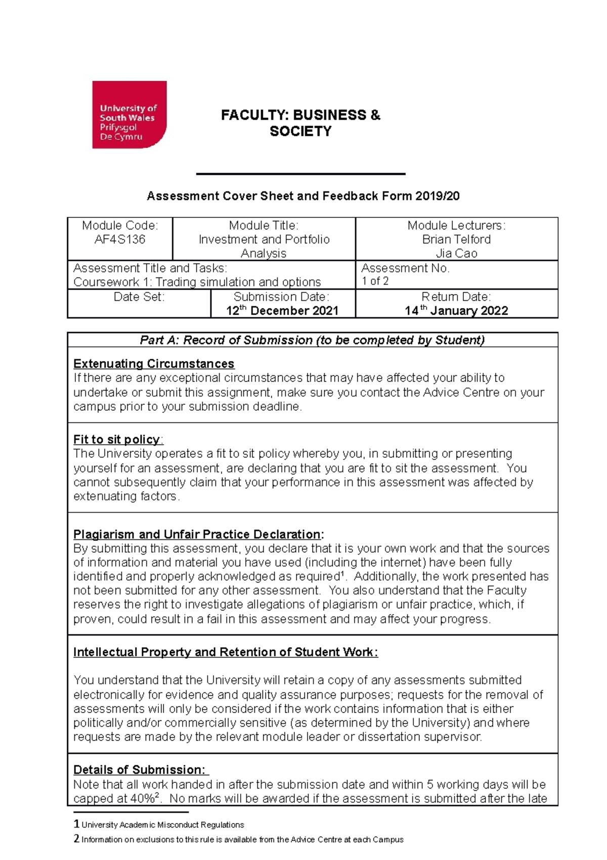AF4S136 CW1 21-22 with guidance(1) - FACULTY: BUSINESS & SOCIETY ...