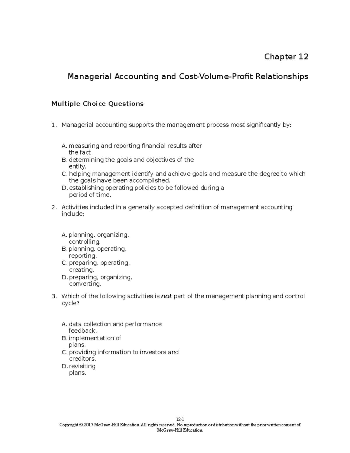 TBChap 012 - questions and answer - Chapter 12 Managerial Accounting ...
