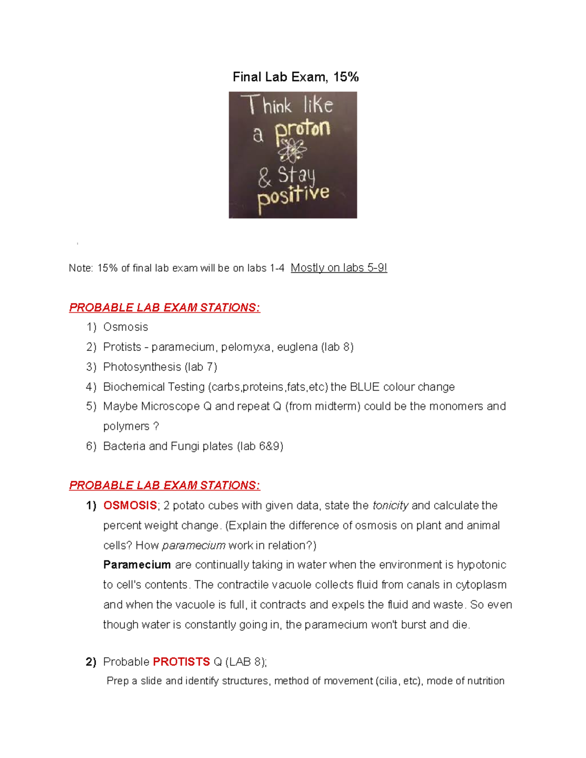 Biology 1001 Lab review guide - Final Lab Exam, 15% Note: 15% of final ...