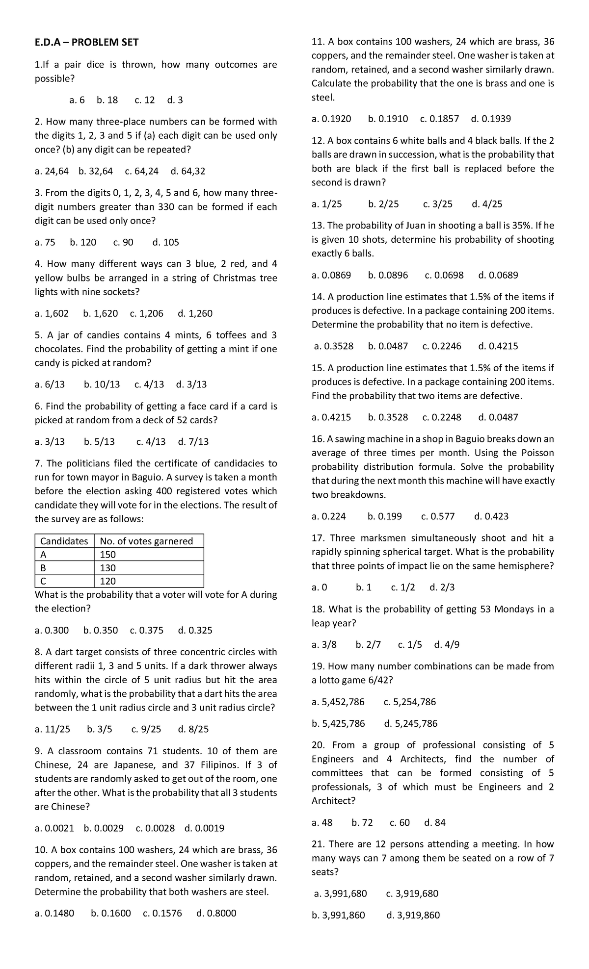 EDA ( Probab & Statistics) - Problem Set - E.D – PROBLEM SET 1 a pair dice is thrown, how many ...