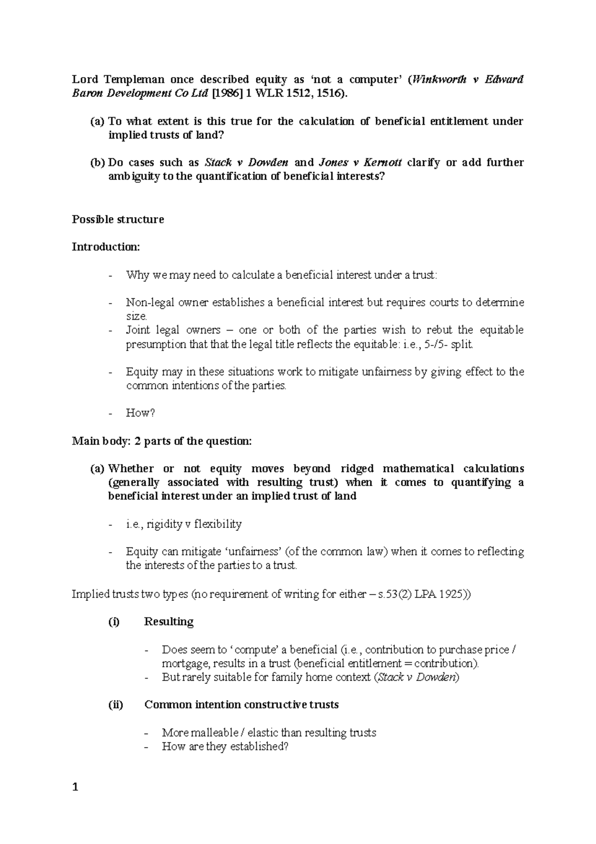 Trusts of the family home - Essay - Lord Templeman once described ...