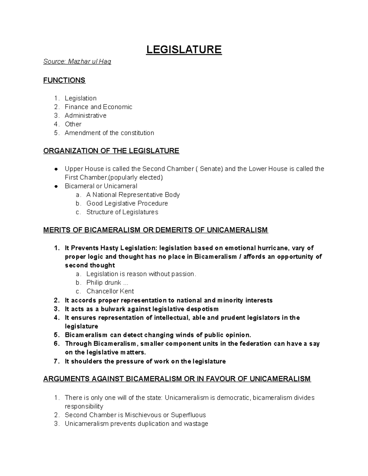 Legislature - LEGISLATURE Source: Mazhar ul Haq FUNCTIONS Legislation ...