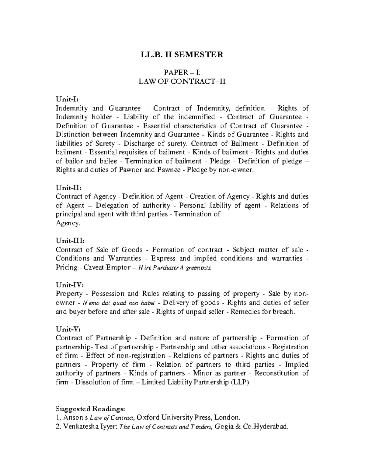 1st Yr ( 2nd sem) LLB Syllabus - LL. II SEMESTER PAPER – I: LAW OF ...