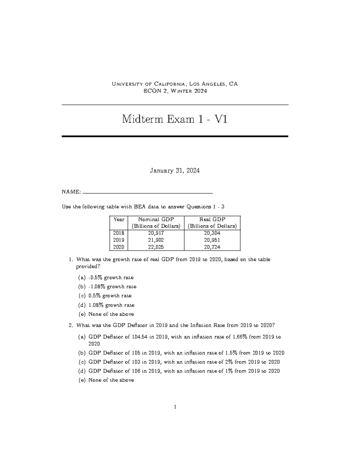 ECON 2 Midterm Exam Winter 24 V1 - University of California, Los ...