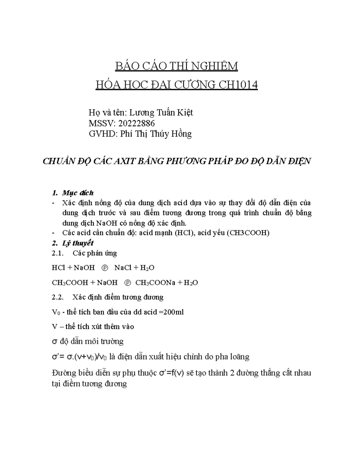 BÁO-CÁO-THÍ-NGHIỆM tkkk - BÁO CÁO THÍ NGHIỆM HÓA HỌC ĐẠI CƯƠNG CH Họ và ...