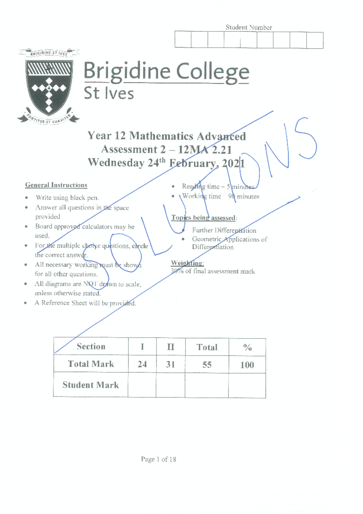 2021 Math Advanced Assignment (Brigidine) - Solutions - Student Number ...