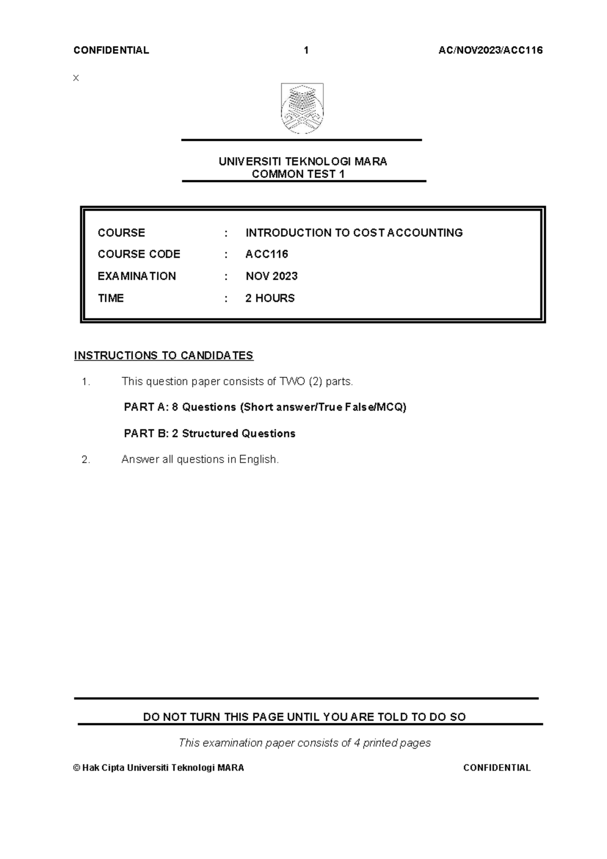 TEST 1 ACC116 (Q) NOV2023 - x UNIVERSITI TEKNOLOGI MARA COMMON TEST 1 ...