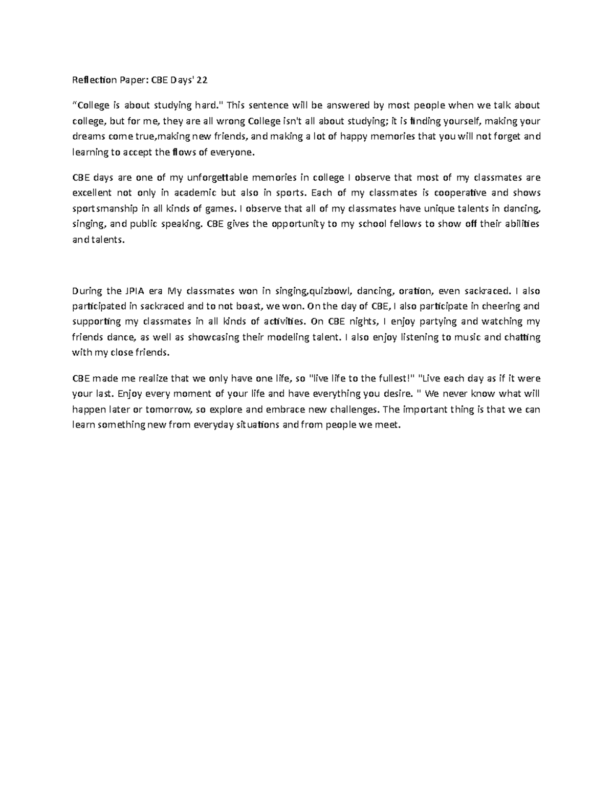 Reflection Pape-WPS Office - Reflection Paper: CBE Days' 22 “College is ...