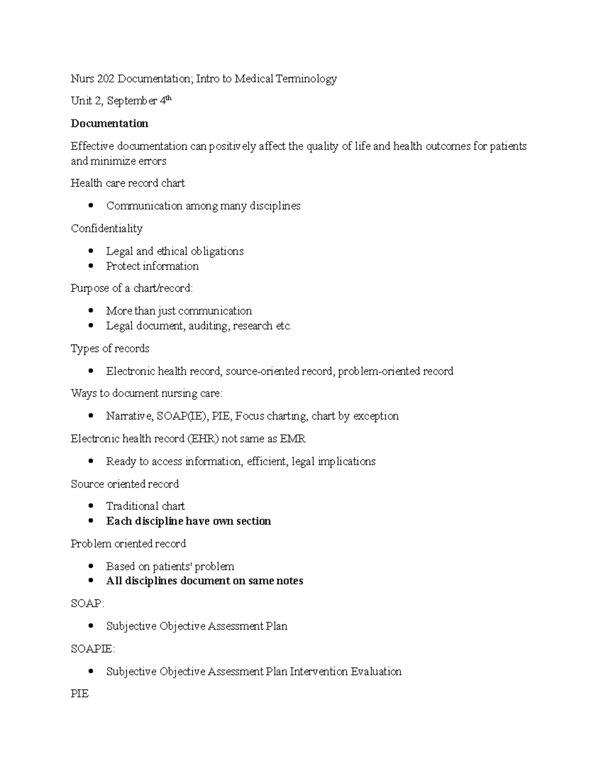 Nurs 202 Unit 2 - 202 - Nurs 202 Documentation; Intro to Medical ...