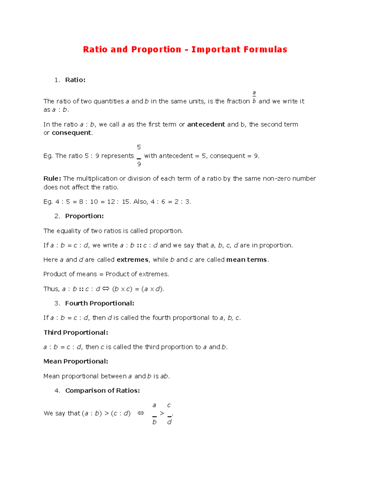 Ratio-and-Proportion - Ratio and Proportion - Important Formulas Ratio ...